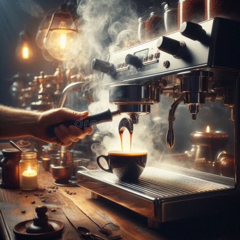 Steaming Hot Coffee Pouring from a Well-worn Coffee Machine, Delivering ...
