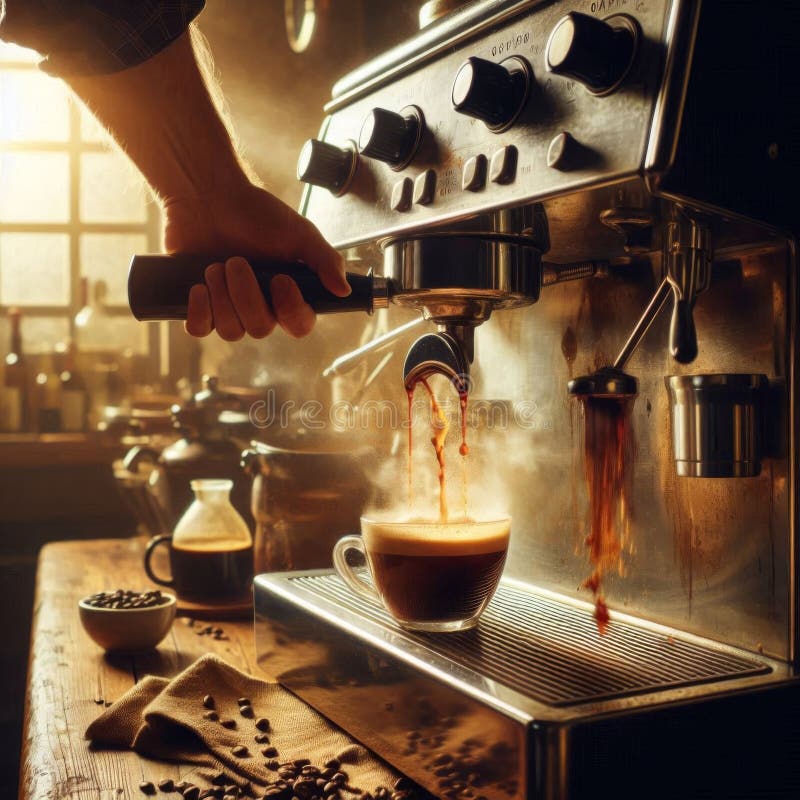 Steaming Hot Coffee Pouring from a Well-worn Coffee Machine, Delivering ...