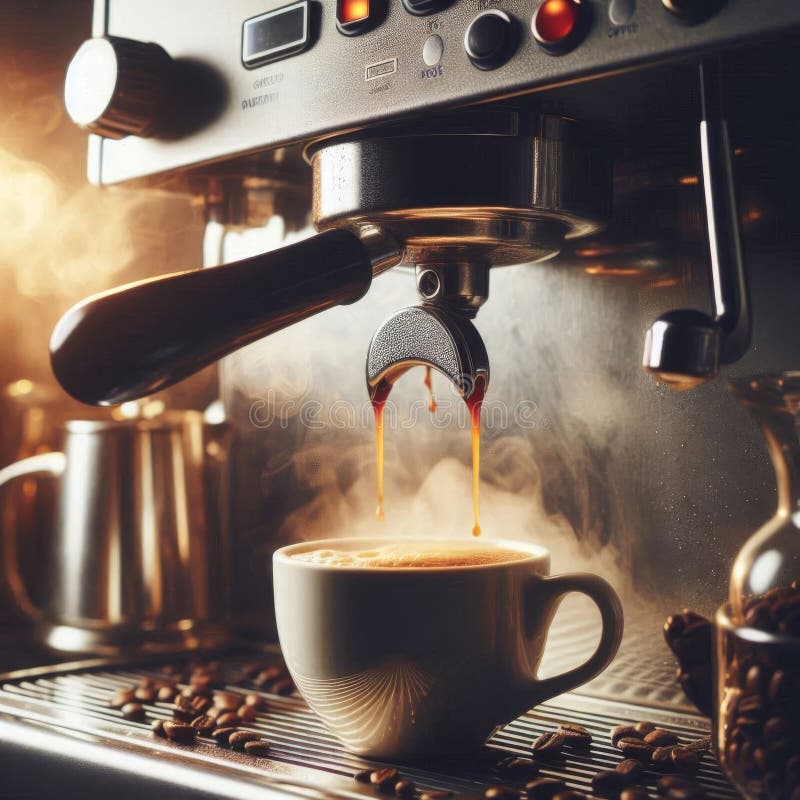 Steaming Hot Coffee Pouring from a Well-worn Coffee Machine, Delivering ...