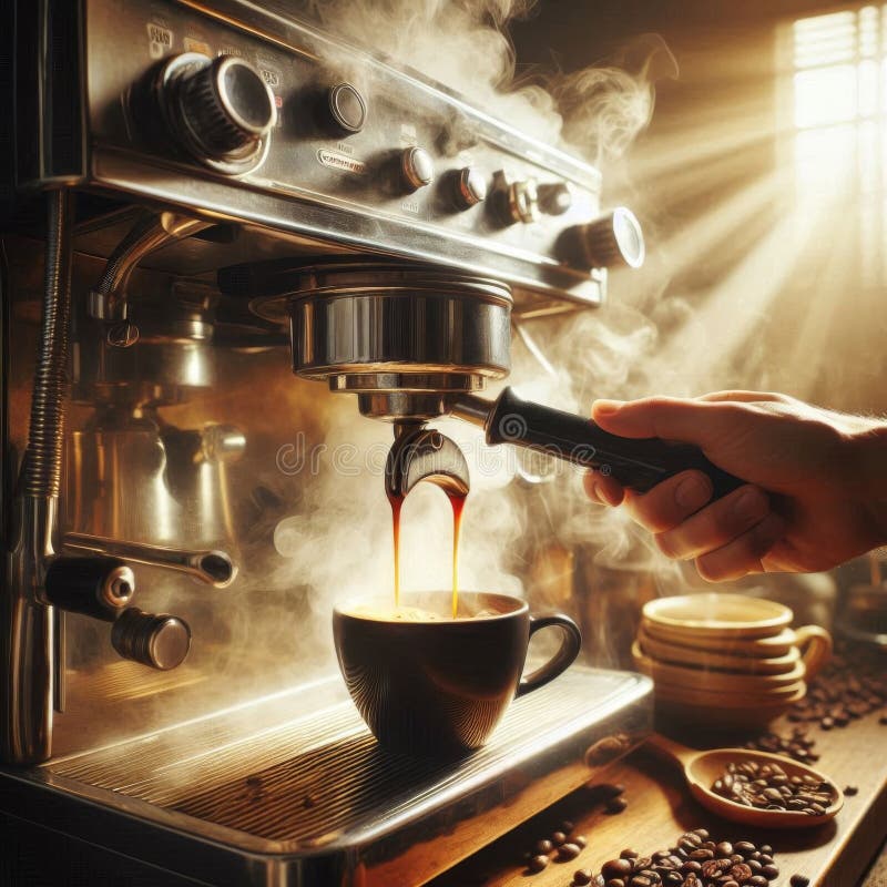 Steaming Hot Coffee Pouring from a Well-worn Coffee Machine, Delivering ...