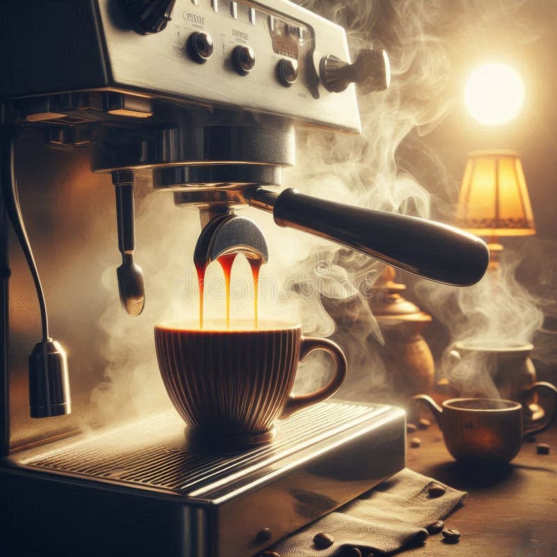 Steaming Hot Coffee Pouring from a Well-worn Coffee Machine, Delivering ...