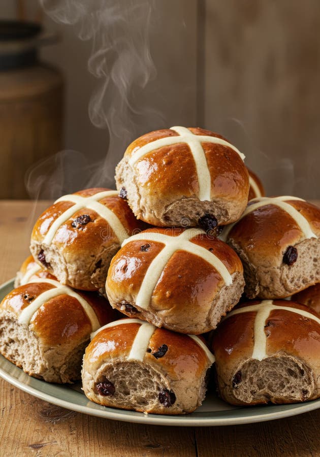 Steaming Hot Cross Buns on Rustic Wooden Table Stock Illustration ...