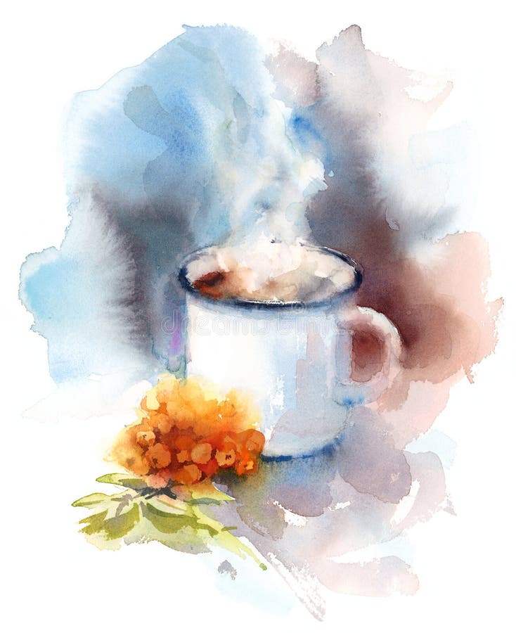 Steaming Hot Cup of Berry Tea Watercolor Illustration Hand Drawn Stock ...