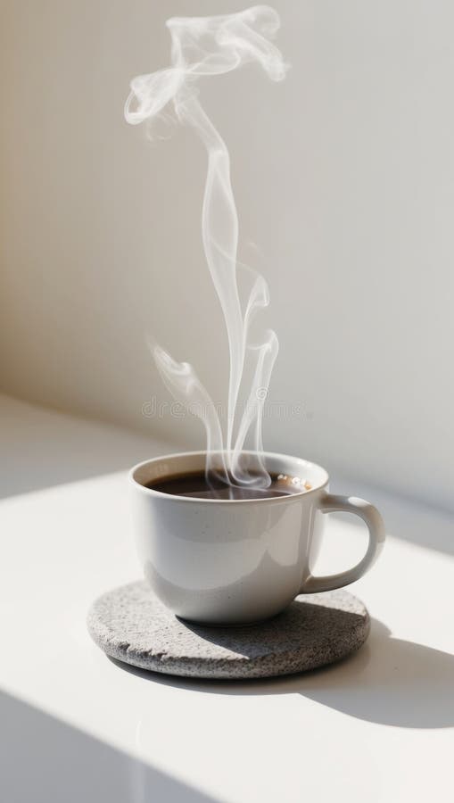 Steaming Hot Cup of Coffee or Tea on a Stone Coaster. Stock Photo ...