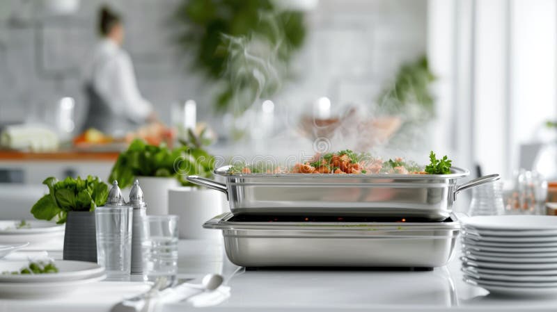 Steaming Hot Dishes in Stainless Steel Pans on a Buffet Table in a ...