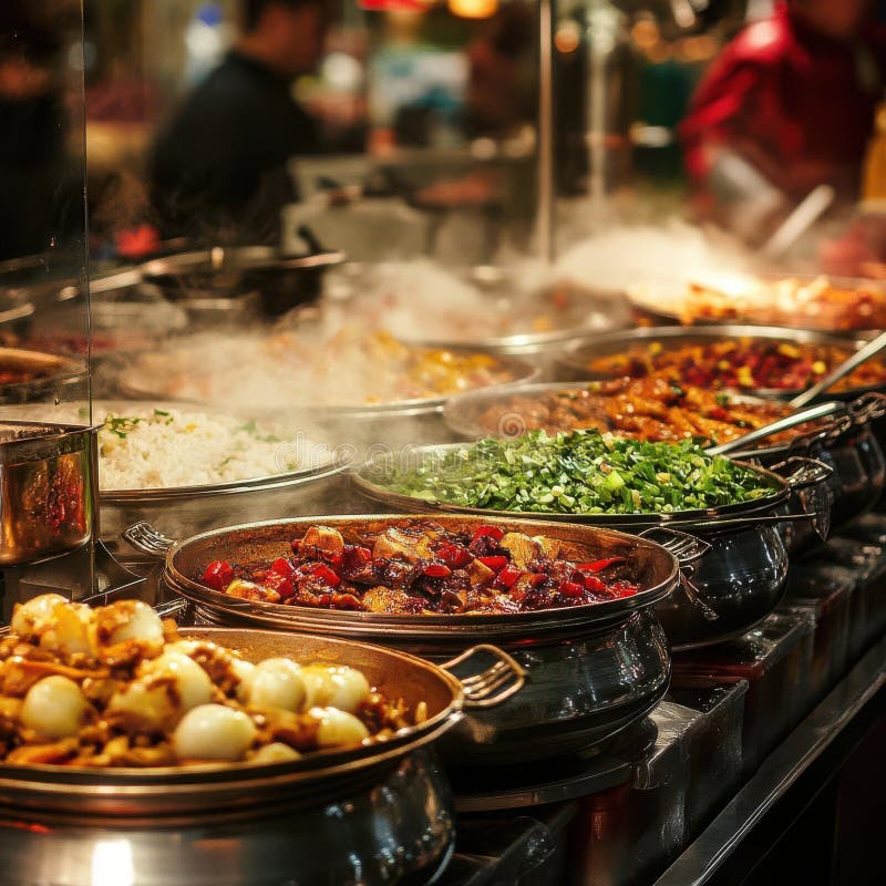 Steaming Hot Food at a Food Stall Stock Illustration - Illustration of ...