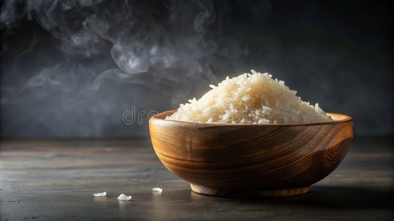 Steaming Hot Freshly Cooked Rice in a Rustic Wooden Bowl on a Dark ...