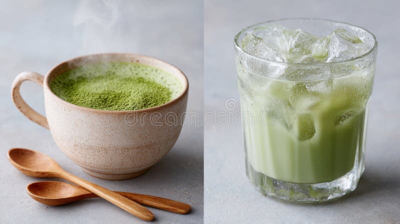 Steaming Hot Matcha Latte and Refreshing Iced Matcha Beverage in Rustic ...
