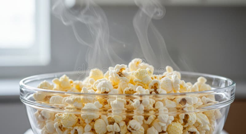 Steaming Hot Popcorn in a Glass Bowl on Kitchen Counter Stock Image - Image of delicious, treat ...