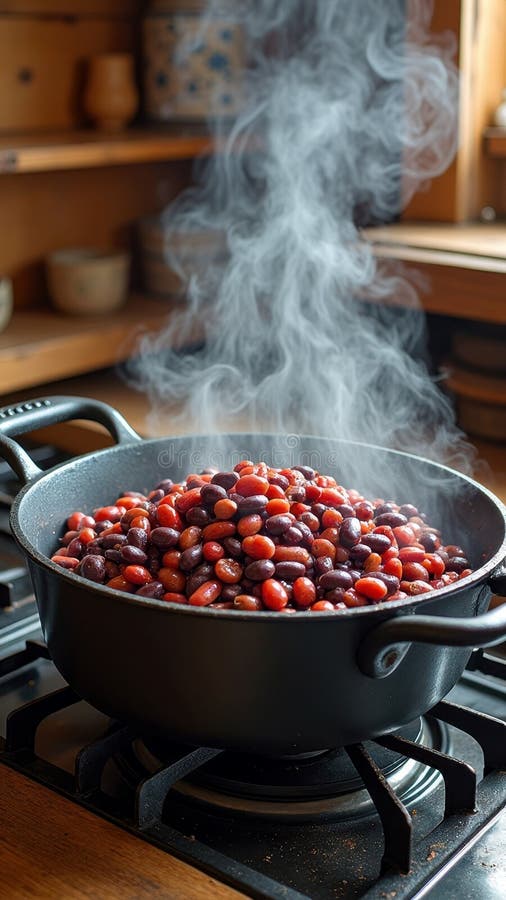 Steaming Hot Pot of Red and Black Beans on Stove in Rustic Kitchen ...
