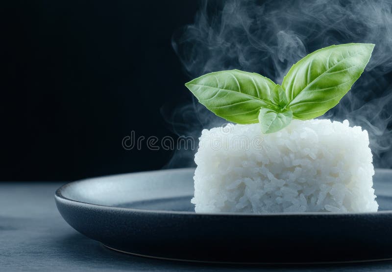 Steaming Hot Rice with Fresh Basil Leaves Stock Illustration ...