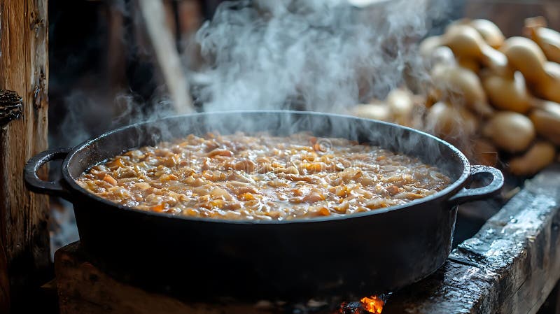 Steaming Hot Stew in a Rustic Cast Iron Pot Over an Open Fire Stock ...