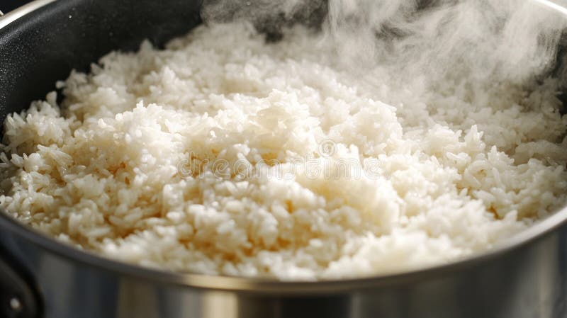 Steaming Hot White Rice in a Pan with Natural Lighting Stock ...