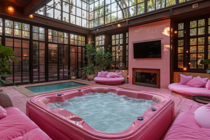 Steaming Jacuzzi Invitingly Bubbling in a Luxurious Pink Spa Room with ...