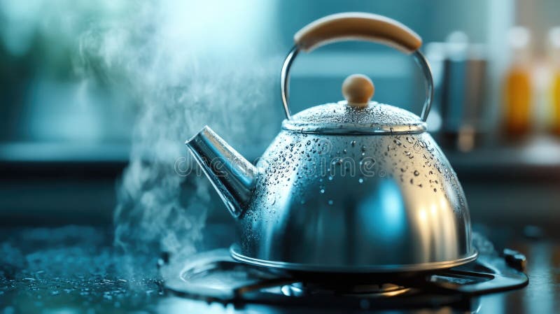 Steaming Metal Kettle on Stove in Cozy Kitchen Setting Stock Photo ...