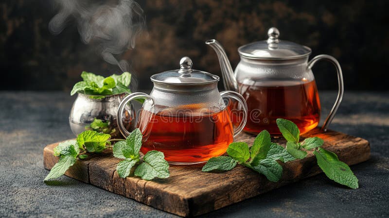 Steaming Mint Teapots on Rustic Wood Stock Photo - Image of flavor ...