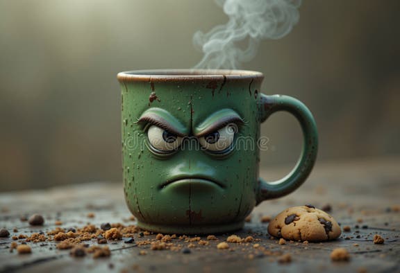 Steaming Mug with Angry Face, Cookie beside it Stock Illustration ...