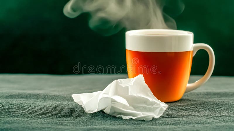 Steaming Mug and Crumpled Tissues Suggesting Illness or Cold Stock ...