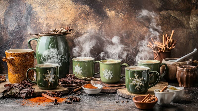 Steaming Mugs of Spiced Hot Beverage with Assorted Spices on Rustic Background Stock Image ...