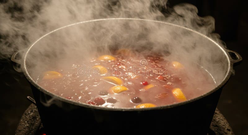 Steaming Mulled Wine with Citrus and Berries in Cast Iron Pot Stock ...