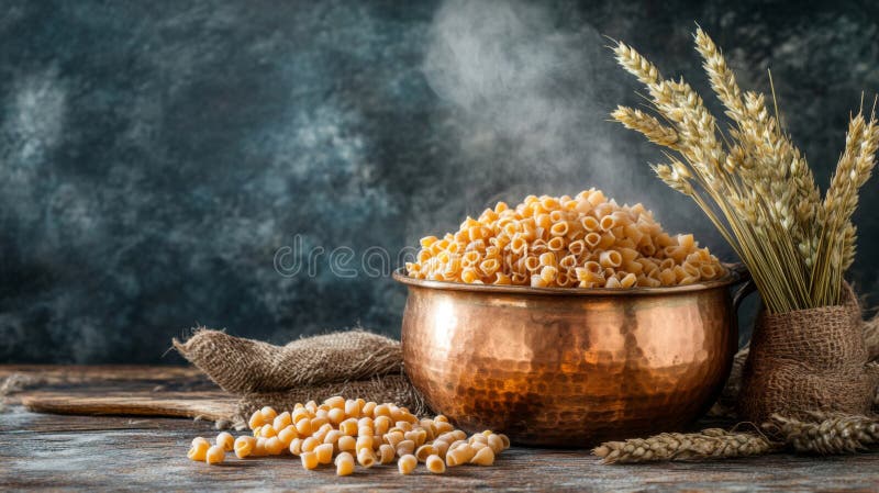 Steaming Pasta in Copper Bowl with Wheat Stock Photo - Image of italian ...