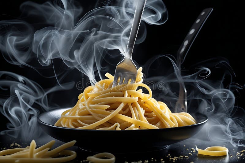 Steaming Pasta Dish, Dramatic Smoke Effect, Fork in Pasta, Black ...
