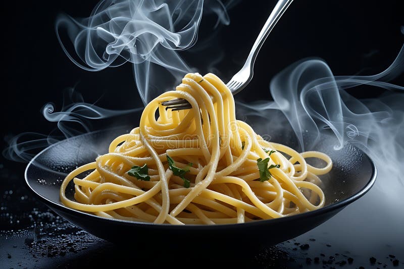 Steaming Pasta Dish, Dramatic Smoke Effect, Fork in Pasta, Black ...