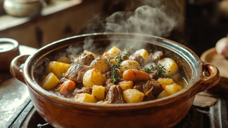 Steaming Pot of Beef Stew with Potatoes and Carrots Stock Illustration ...