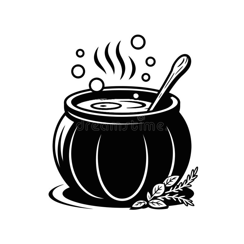 A Steaming Pot with Bubbling Liquid is Depicted in Black, with a Spoon ...