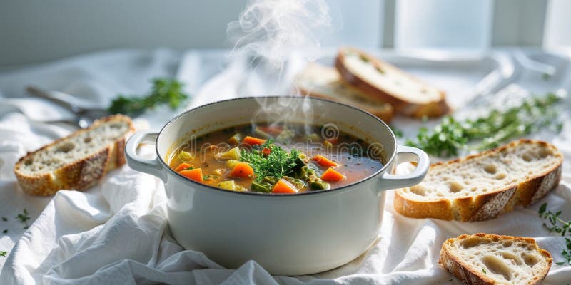 Steaming Pot of Homemade Vegetable Soup with Fresh Bread. Stock Photo ...