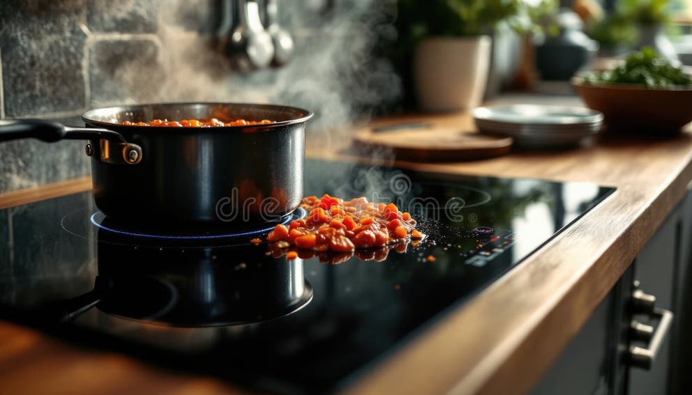 Steaming Pot on Modern Kitchen Counter with Spilled Vegetables Stock ...