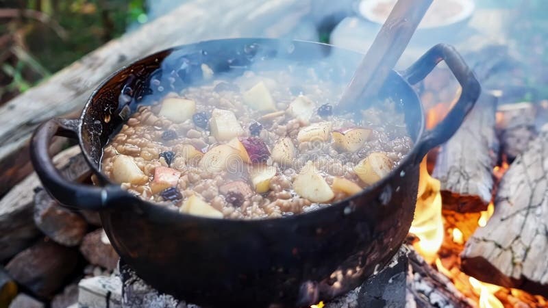 Steaming Oatmeal with Apples and Cinnamon Cooking on Campfire for ...