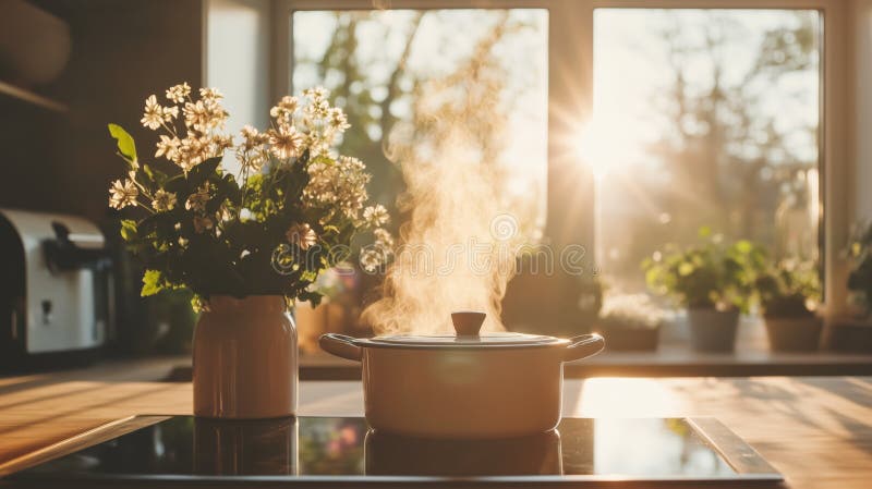Steaming Pot on Rustic Stove Beneath Sunlit Window Stock Image - Image ...