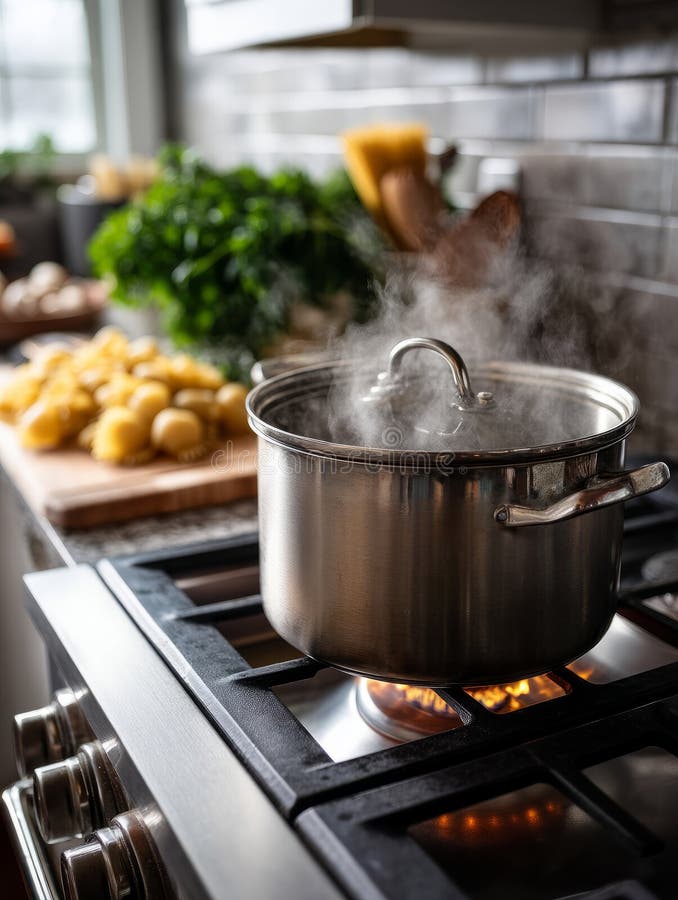 Steaming Pot on a Stove with Fresh Potatoes in a Cozy Kitchen. Stock ...