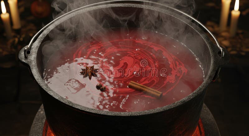 Steaming Potion of Spiced Mulled Wine with Cinnamon in Cauldron Stock ...