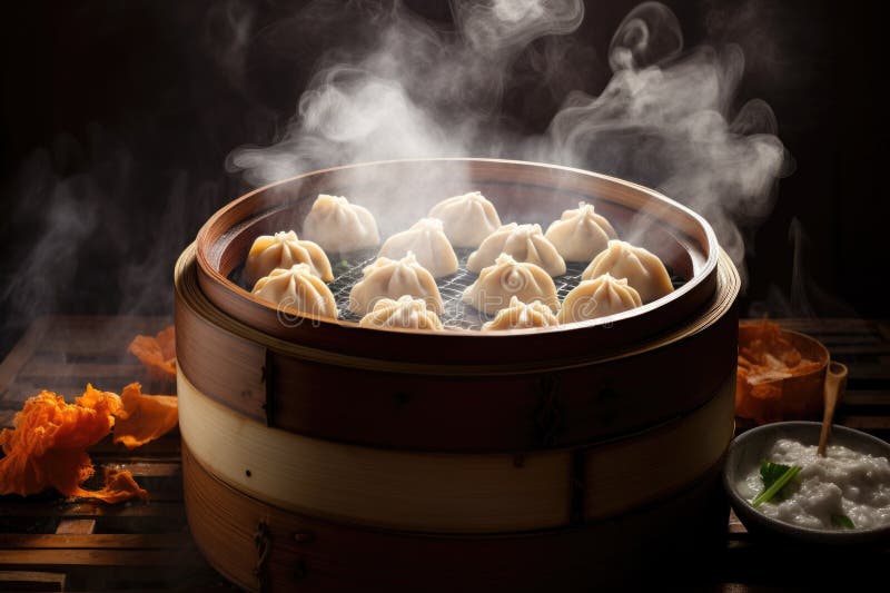 Steaming Process of Dim Sum in a Traditional Bamboo Steamer Stock ...