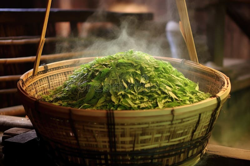 Steaming Process of Green Tea Leaves in a Large Bamboo Basket Stock ...
