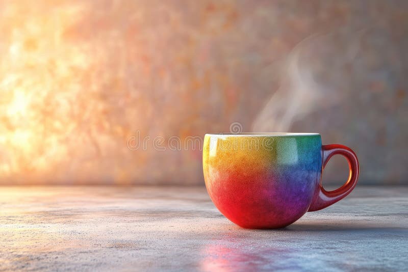 Steaming Rainbow Colored Coffee Cup Sitting on Table at Sunrise Stock ...