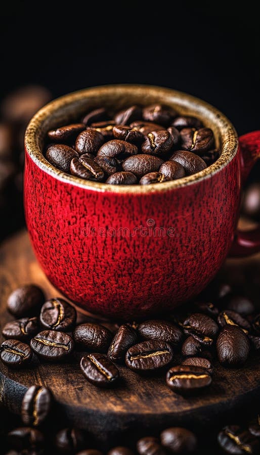 Steaming Red Cup Overflowing with Roasted Coffee Beans, Aromatic Coffee ...