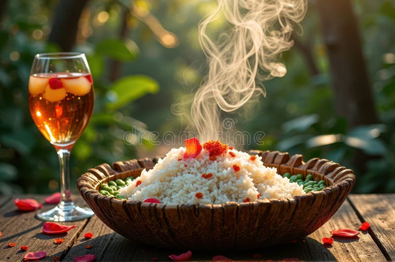 Steaming Rice and Iced Tea Garnished with Petals in Outdoor Garden ...