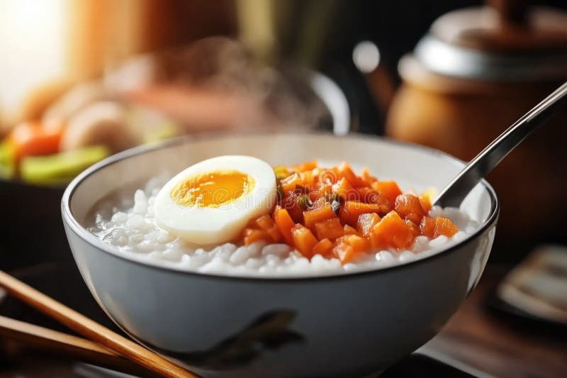 Steaming Rice Porridge with Half Boiled Egg and Chopped Vegetables in ...