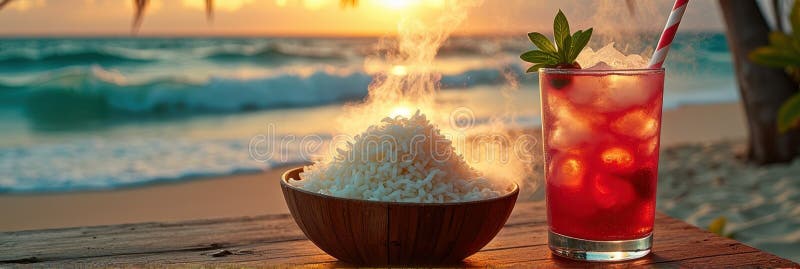 Steaming Rice and Refreshing Drink at Sunset Beach Scene Stock Image ...