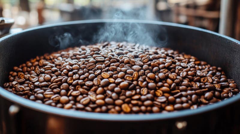 Steaming Roasted Coffee Beans in a Black Roasting Pan Stock Photo ...
