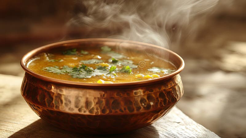 Steaming Sambar in Traditional Copper Bowl with Warm Lighting Stock ...