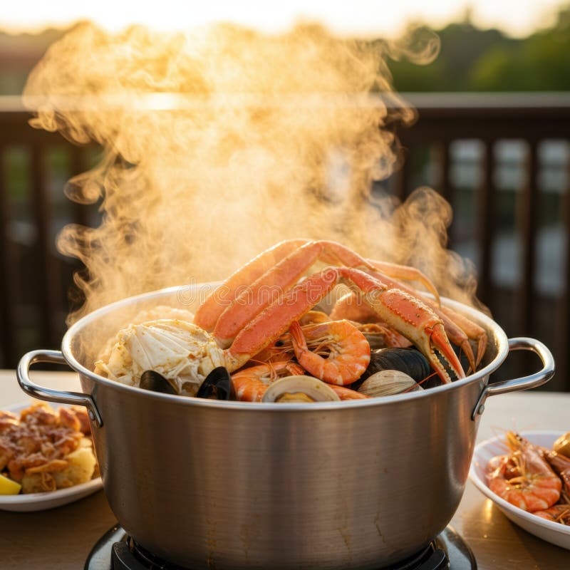 Steaming Seafood Boil on Deck at Sunset Stock Illustration ...