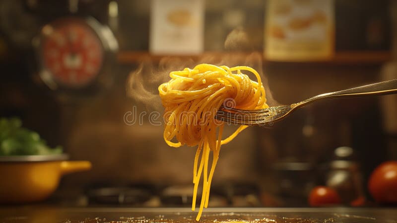 Steaming Spaghetti on a Fork, Kitchen Background Stock Illustration ...