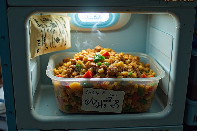 Steaming Spicy Chicken and Vegetable Dish in Microwave with Food Label ...