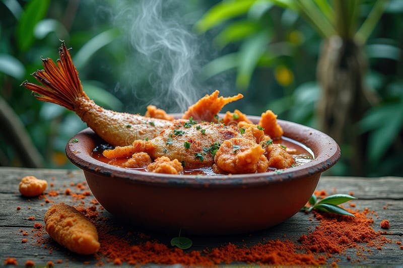 Steaming Spicy Seafood Dish with Fried Fish Tail in Clay Pot on Rustic ...