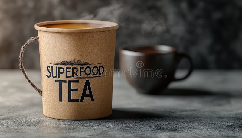 Steaming Superfood Tea Kraft Paper Cup with String and Blurred Dark Cup ...