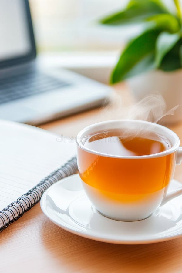 Steaming Tea Cup, Spiral Notebook, and Flowers Near a Bright Window ...
